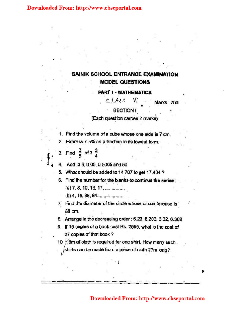 AISSEE Model Paper I Mathematics Class VI | PDF