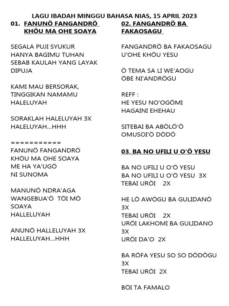 Lagu Ibadah Minggu Bahasa Nias, 15 April 2023 | PDF