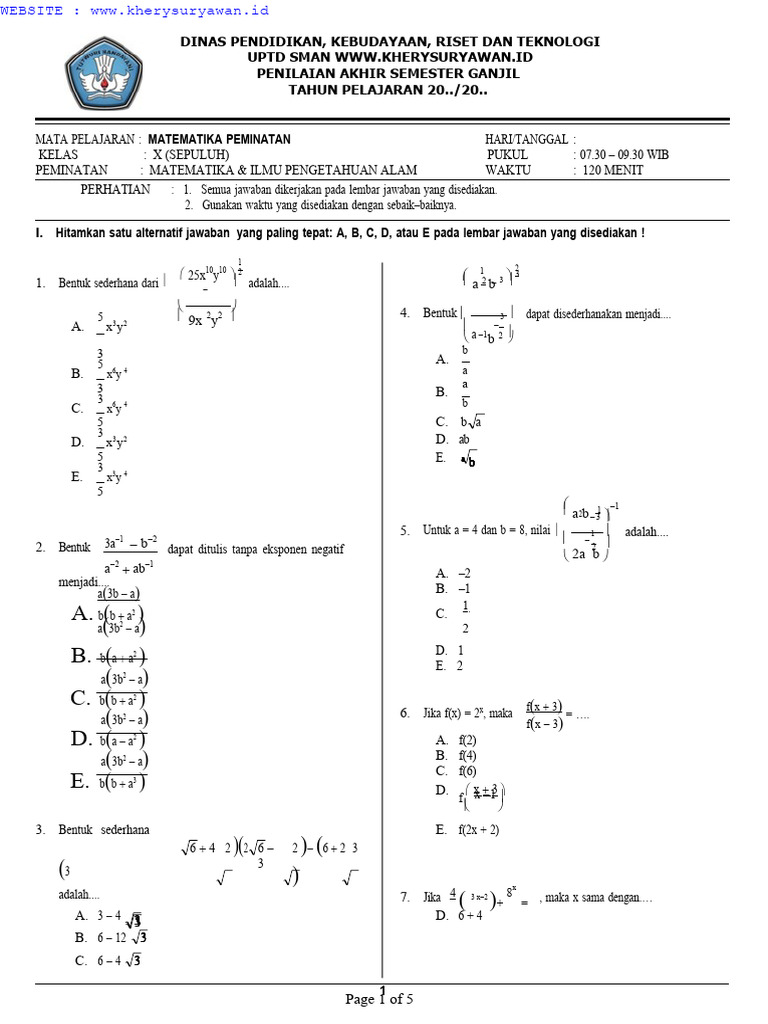 SOAL PAS MTK MINAT Kelas X K13 - WWW - Kherysuryawan.id | PDF