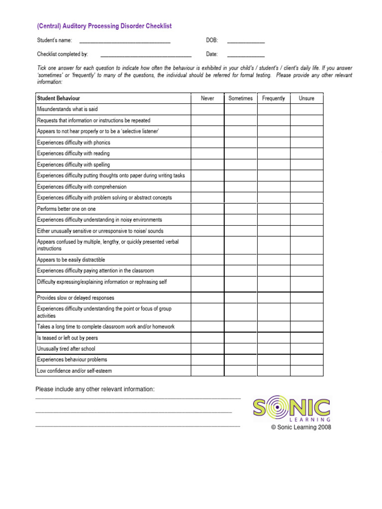 Checklist For Central Auditory Processing Disorder (CAPD) | PDF Checklist For Central Auditory Processing Disorder (CAPD) | PDF