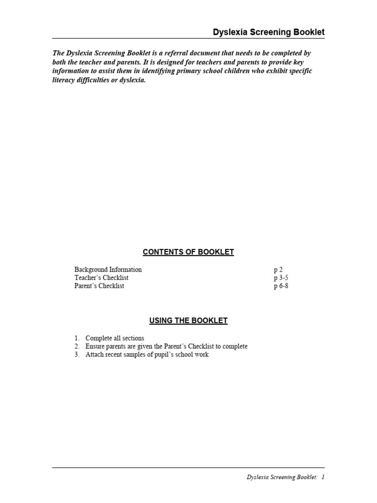 Dyslexia Checklist - Revised | PDF | Dyslexia | Word