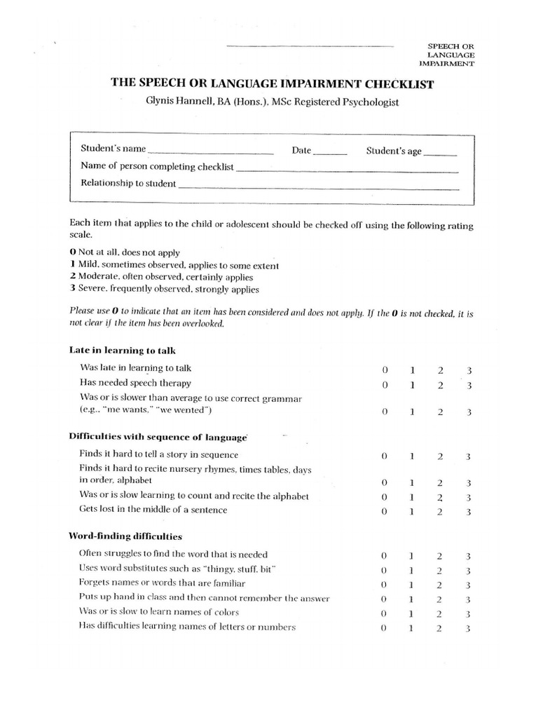 Checklist For Specific Language Impairment (SLI) | PDF