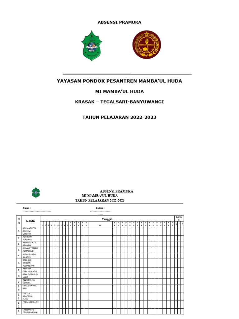 Absensi Pramuka MI Mamba'ul Huda 2022-2023 | PDF