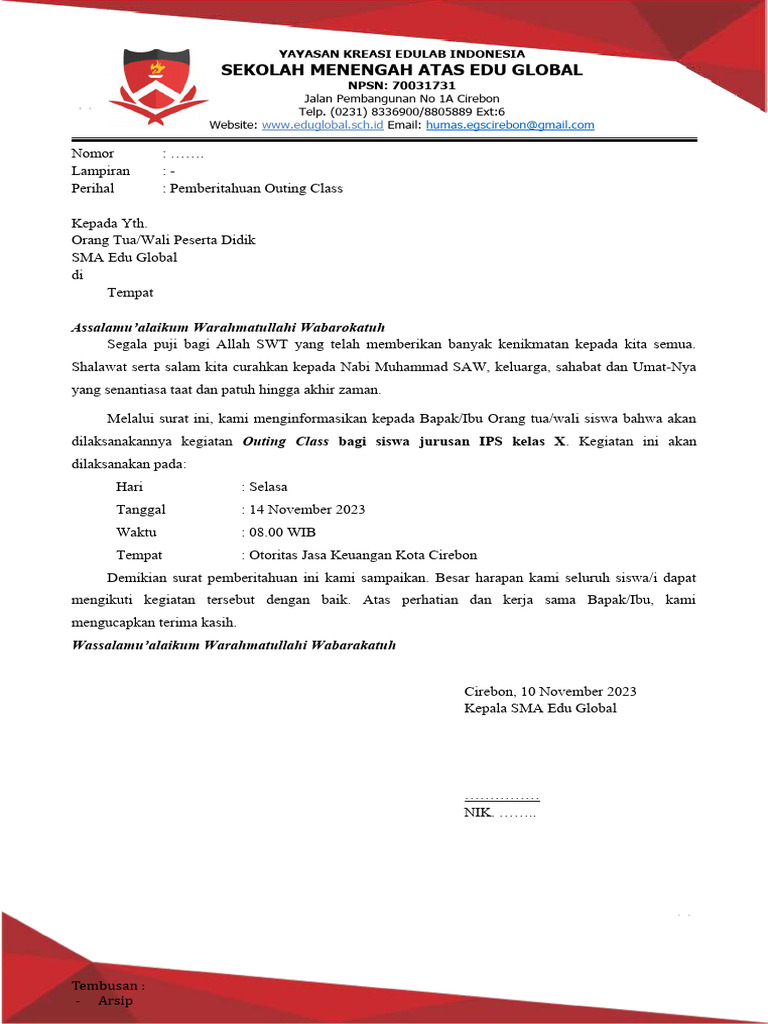 Surat Pemberitahuan Outing Class | PDF