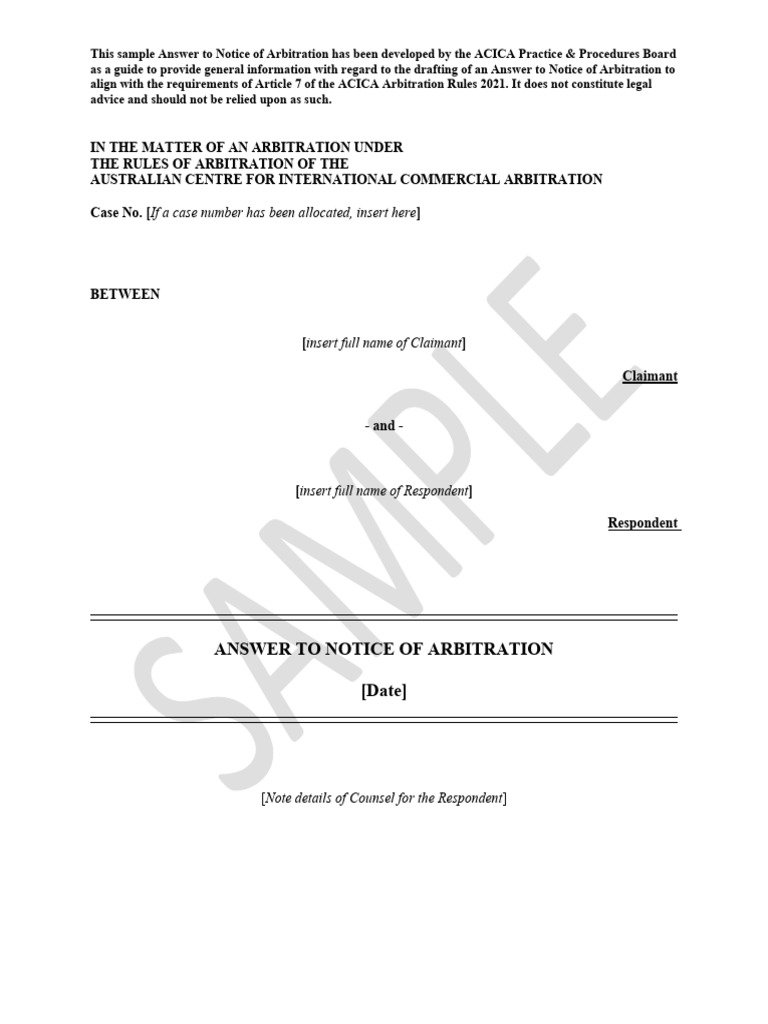 Sample Answer To Notice of Arbitration 2021 Rules | Download Free PDF ...