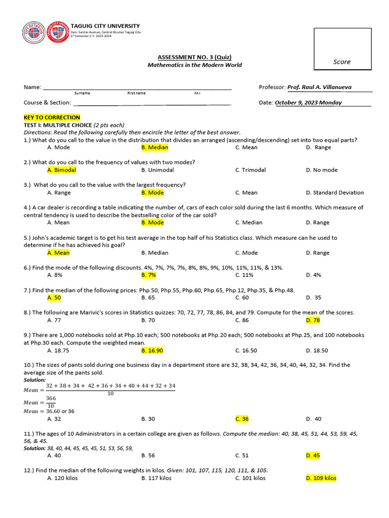 3rd Assessment Math in Modern World Key | PDF | Mode (Statistics) | Mean