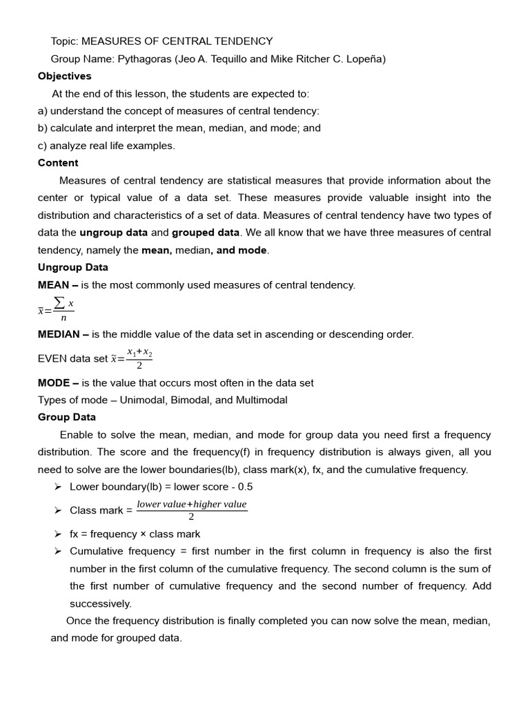 Measures of Central Tendency | PDF | Mode (Statistics) | Mathematical ...
