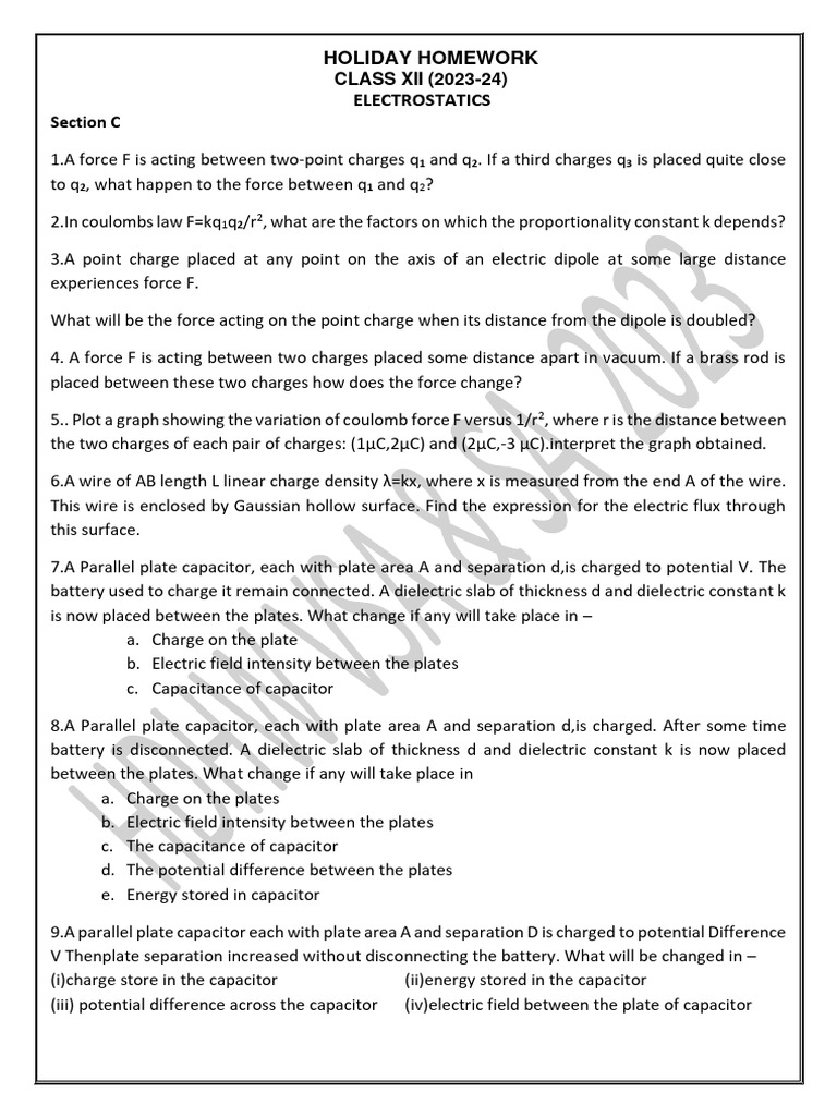 Class XII Electrostatics Holiday Homework | PDF | Capacitor | Capacitance