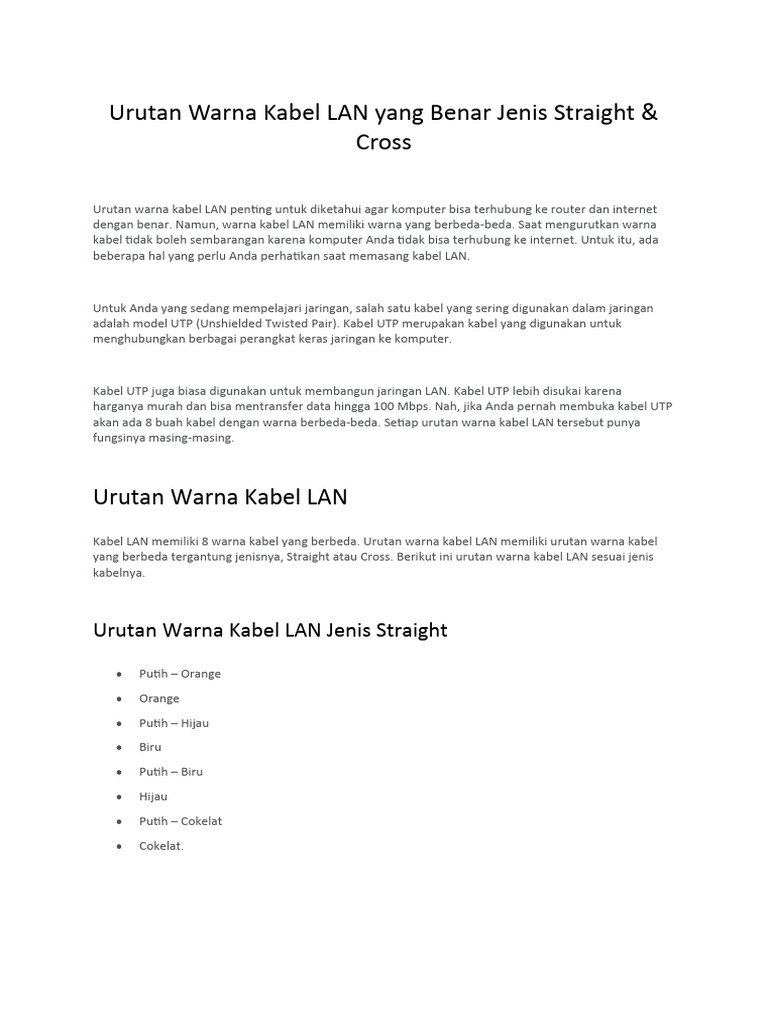 Urutan Warna Kabel LAN Straight & Cross | PDF