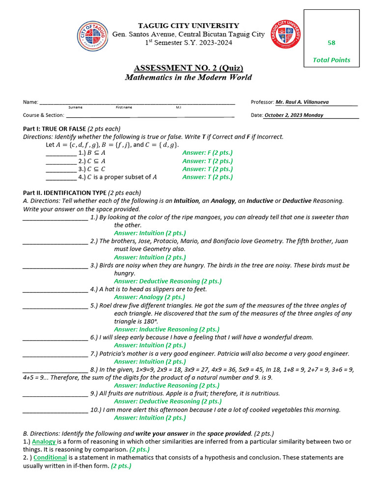 2nd Assessment Key Math | PDF | Inductive Reasoning | If And Only If