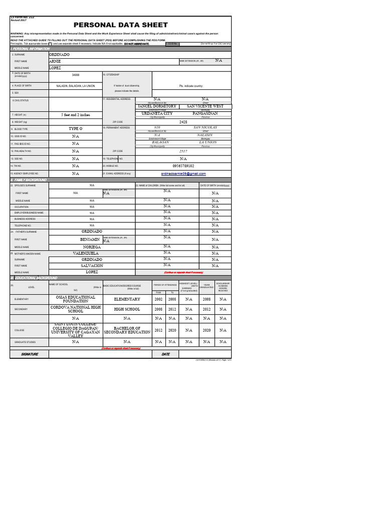 CS Form No. 212 Personal Data Sheet Revised | PDF