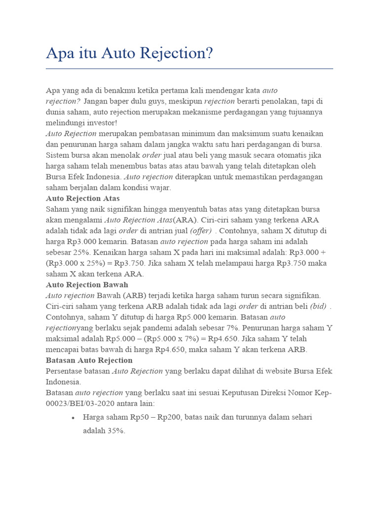 Auto Rejection Saham: Panduan Lengkap | PDF