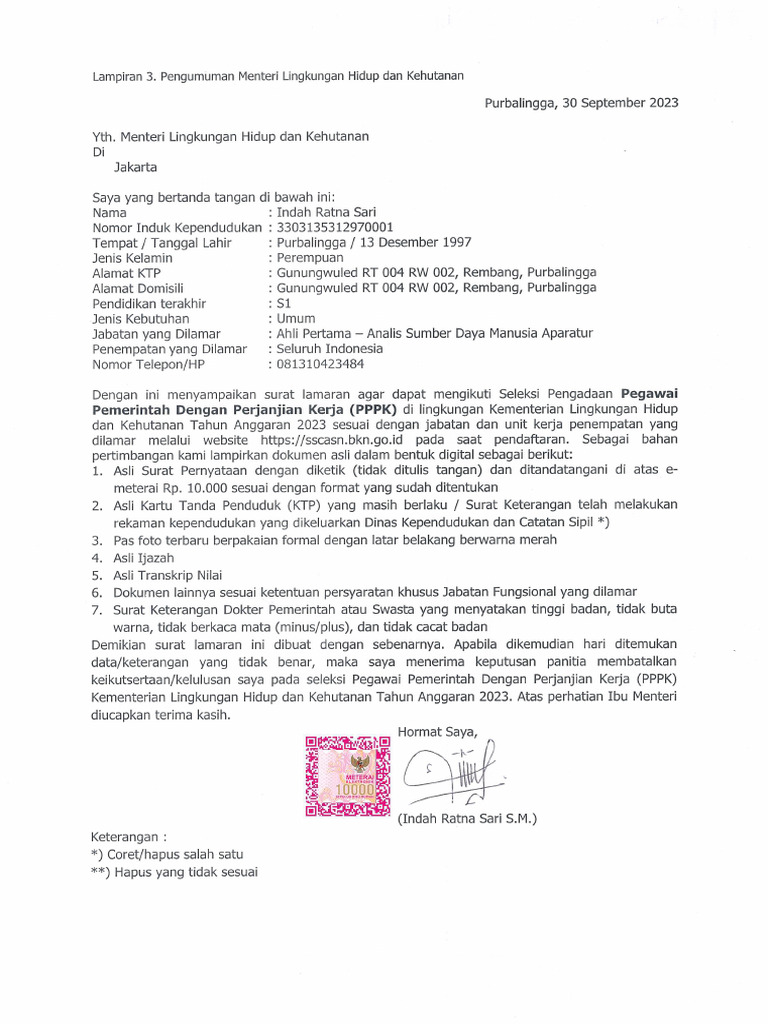 Lampiran 3 Surat Lamaran PPPK KLHK - Indah Ratna - 231112 - 192756 | PDF