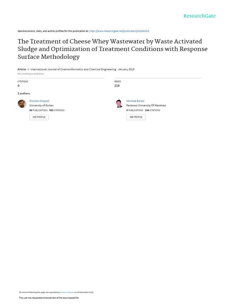 2015 The Treatmentof Cheese Whey Wastewaterby Waste Activated Sludgeand ...