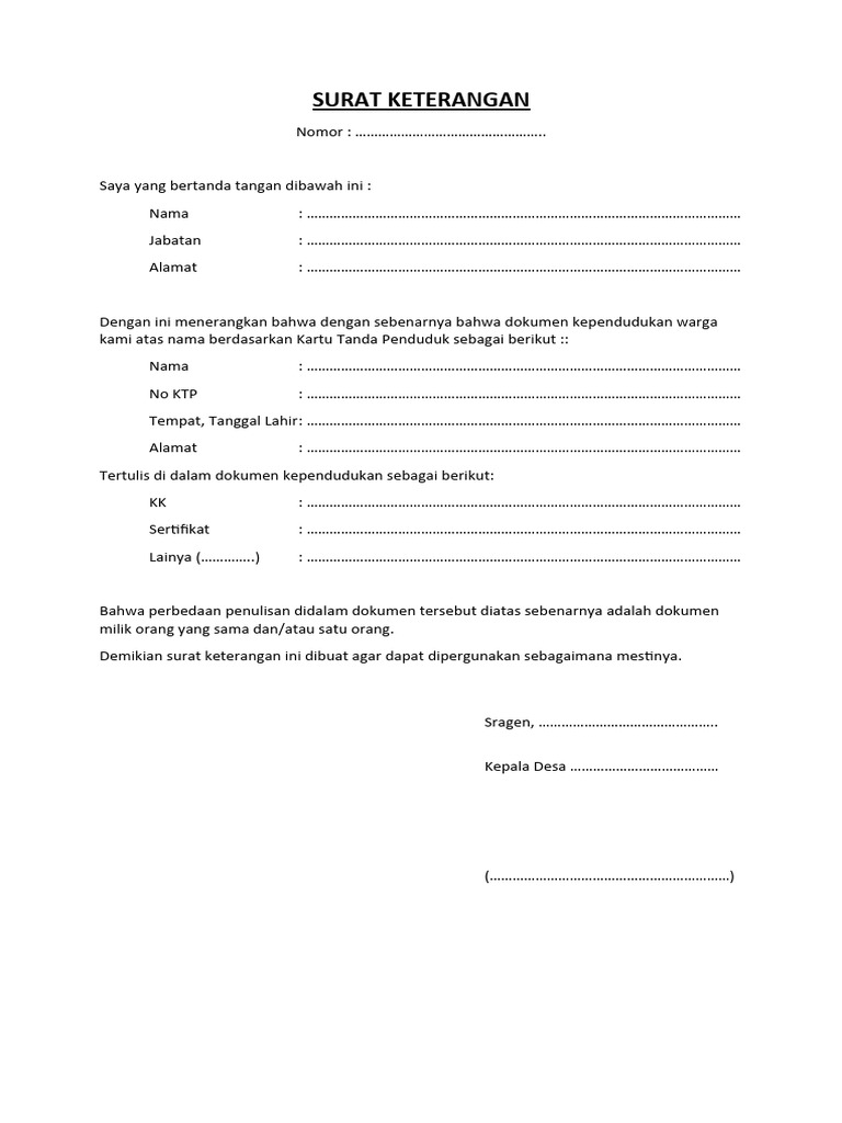 FORM Surat Keterangan Beda Nama | PDF | Olahraga & Rekreasi