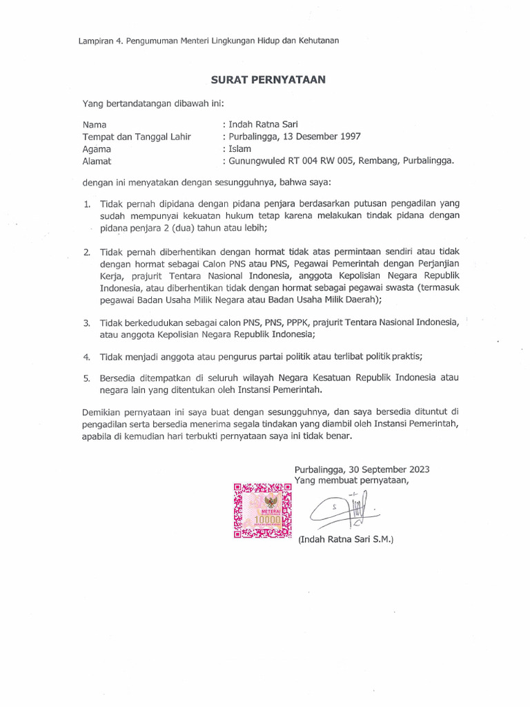Lampiran 4 Surat Pernyataan PPPK KLHK - Indah Rat - 231112 - 192601 | PDF