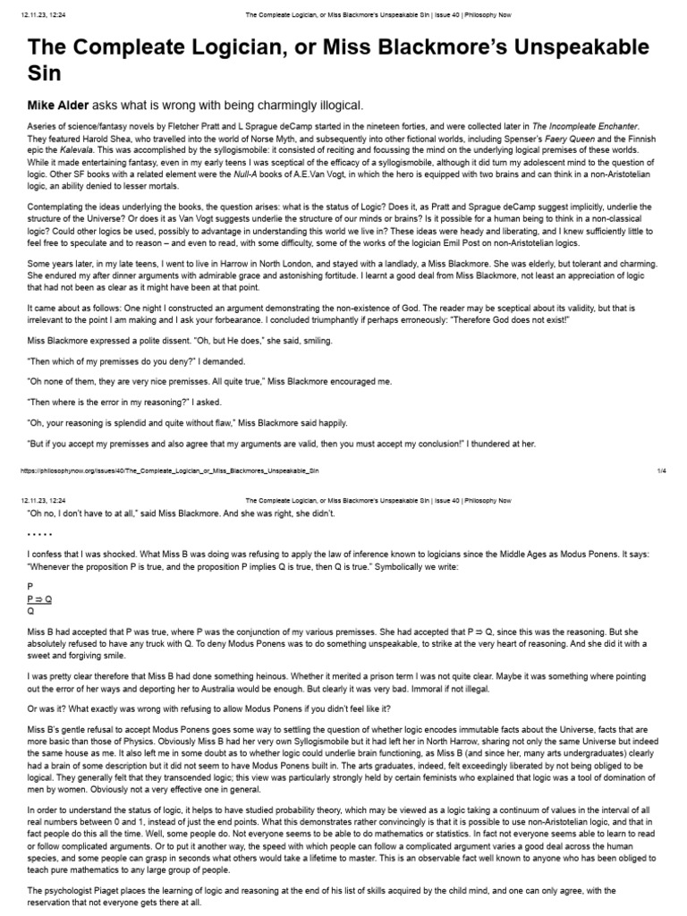 The Compleate Logician, or Miss Blackmore's Unspeakable Sin - Issue 40 ...