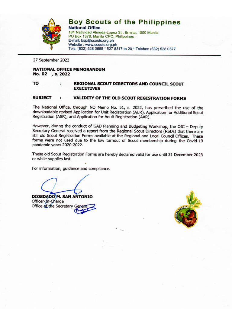 BSP N.O. Memorandum No.62 S. 2022 Validity of The Old Registration ...