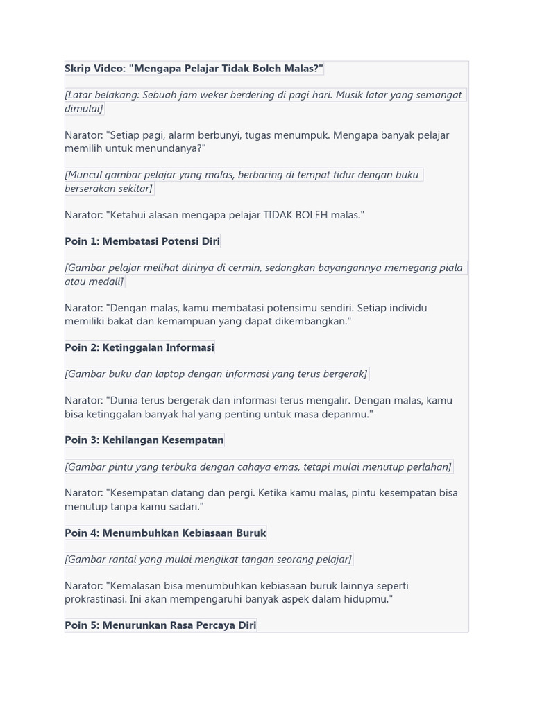Skrip Video Mengapa Pelajar Tidak Boleh Malas | PDF | Pengembangan Diri