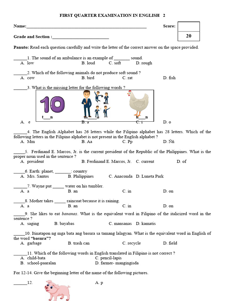 English-1st Quarter Examination-20 Items | PDF | Linguistics