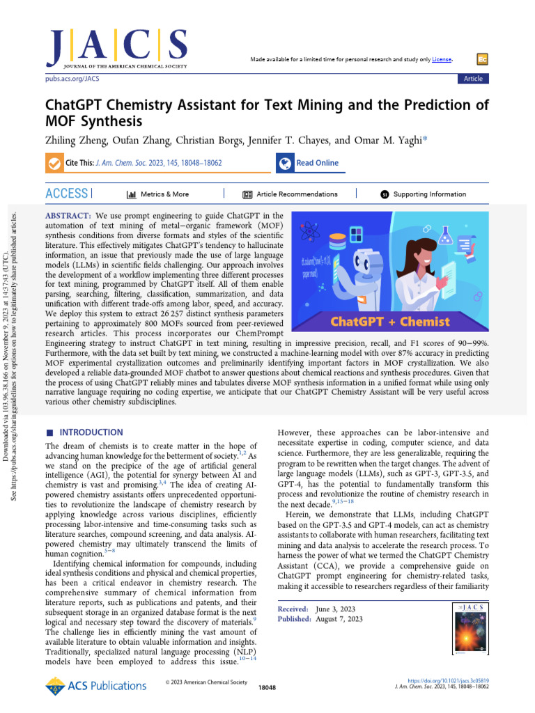 Zheng Et Al 2023 Chatgpt Chemistry Assistant For Text Mining and The Prediction of Mof Synthesis ...