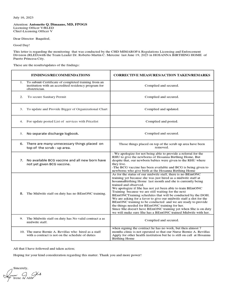 Compliance Letter For DOH | PDF | Public Services | Public Health