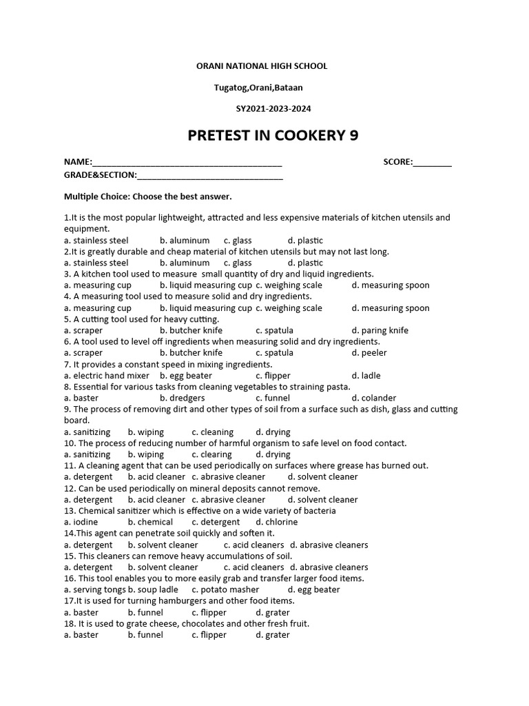 Pre Test in Cookery 9 | PDF | Desserts | Salad