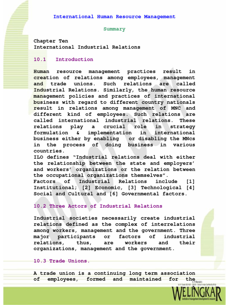 Chapter 10 ihrm notes | PDF | Trade Union | Employment