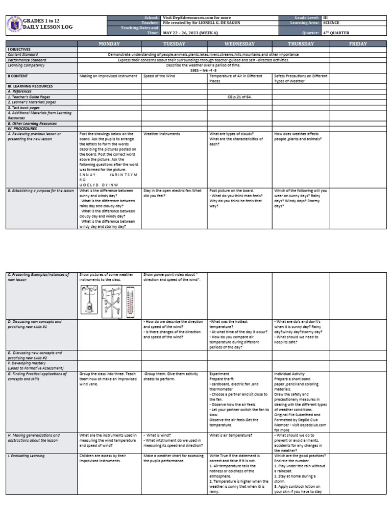 DLL - Science 3 - Q4 - W4 | PDF | Weather | Learning