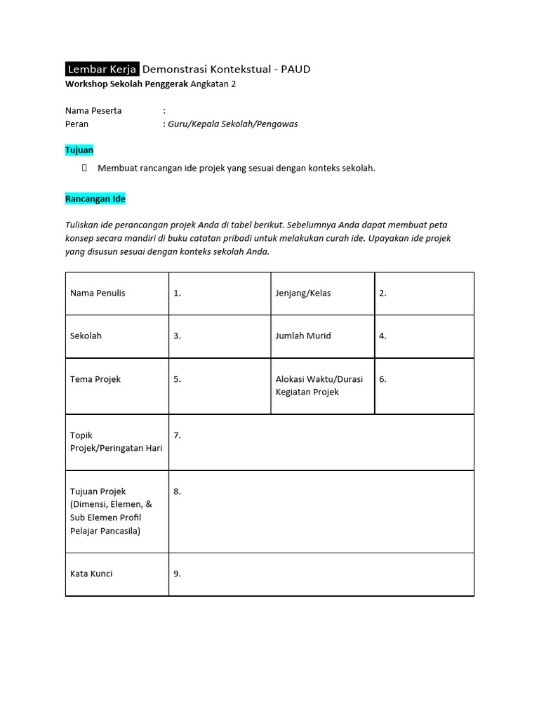 Lembar Kerja Demonstrasi Kontekstual P5 (PAUD) | PDF