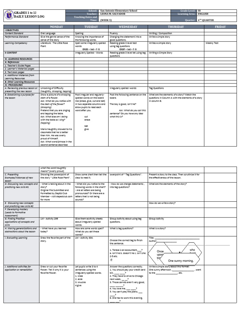 DLL - English 3 - Q4 - W5 | PDF | Cognitive Science | Learning