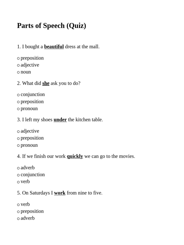 Parts of Speech (Quiz) | PDF