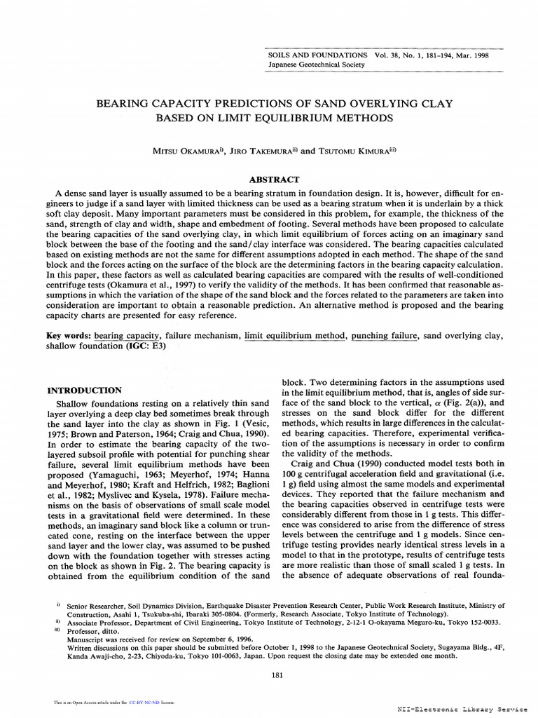 (Okamura, Takemura, Kimura - 1998) Bearing Capacity Predictions of Sands Overlying Clay Based On ...