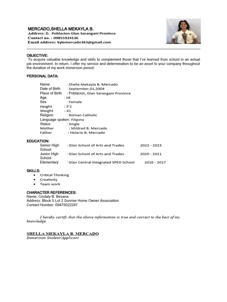 Work Immersion Resume Sample | PDF