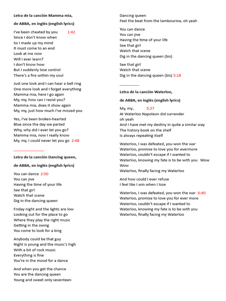 Letra de La Canción Mamma Mia | PDF