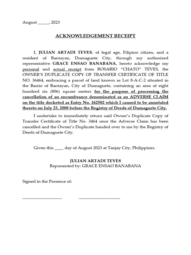 Acknowledgement Receipt | PDF | Law
