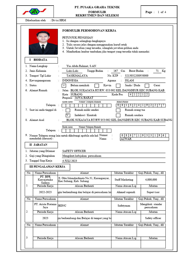 Formulir Rekrutmen PT Pusaka Graha Teknik | PDF