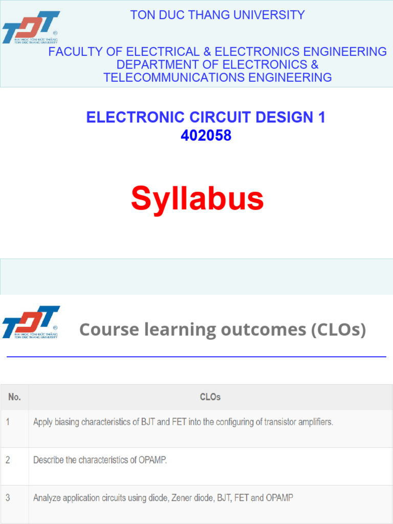 Syllabus: Electronic Circuit Design 1 | PDF