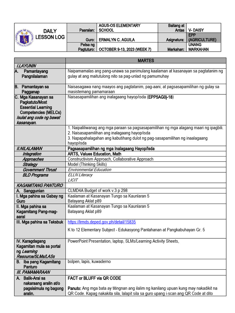 Cot 1 - DLL - Pagsasapamilihan NG Alagang Hayop o Isda | PDF