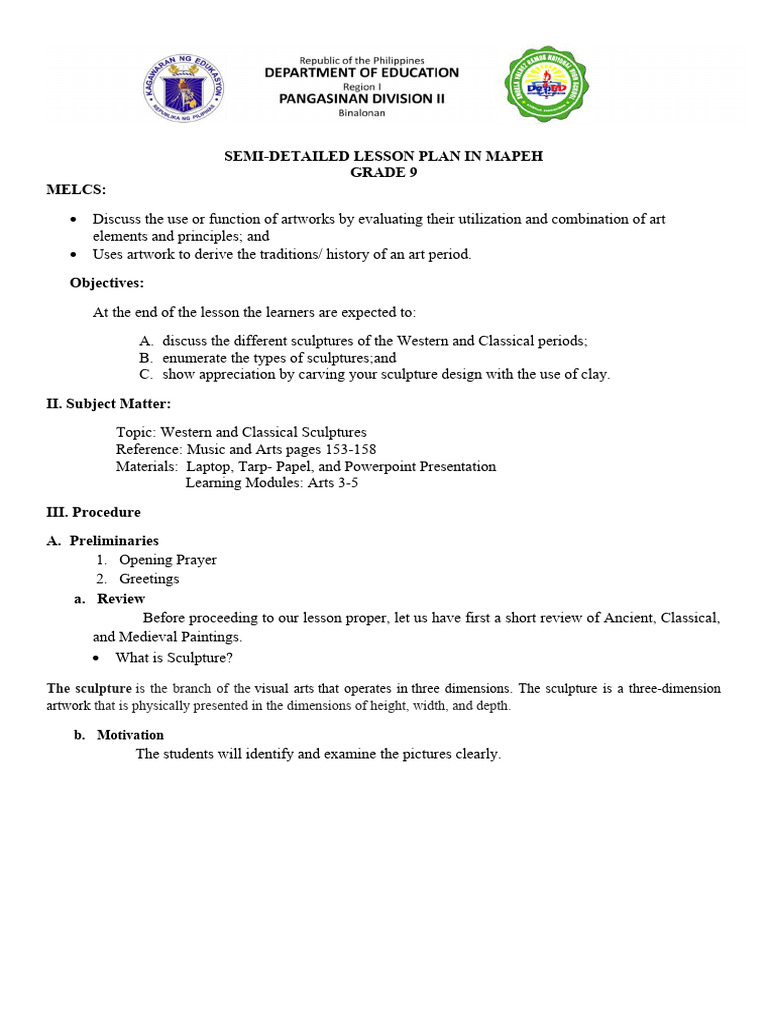 Grade 9 MAPEH Sculpture Lesson Plan | PDF | Sculpture