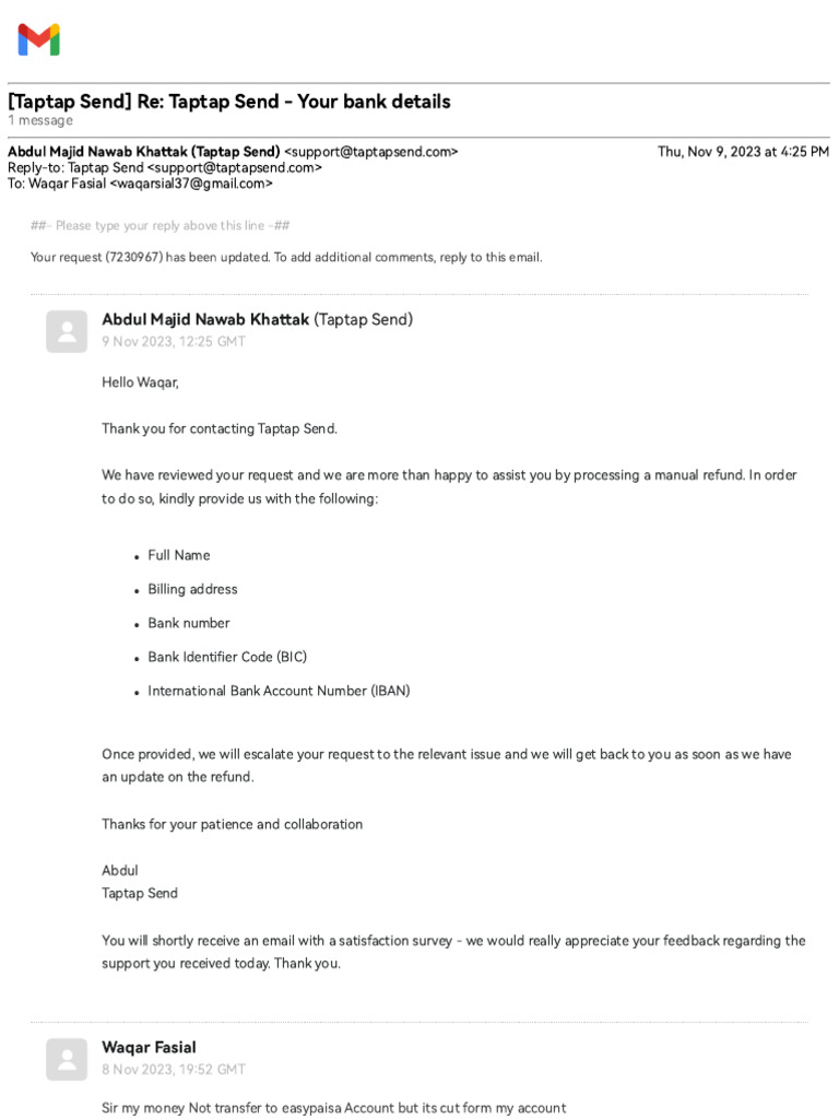 Gmail - (Taptap Send) Re - Taptap Send - Your Bank Details | PDF