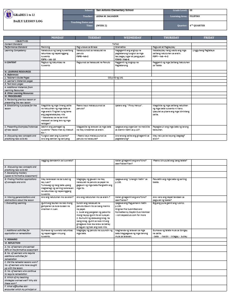 DLL - Filipino 3 - Q4 - W2 | PDF