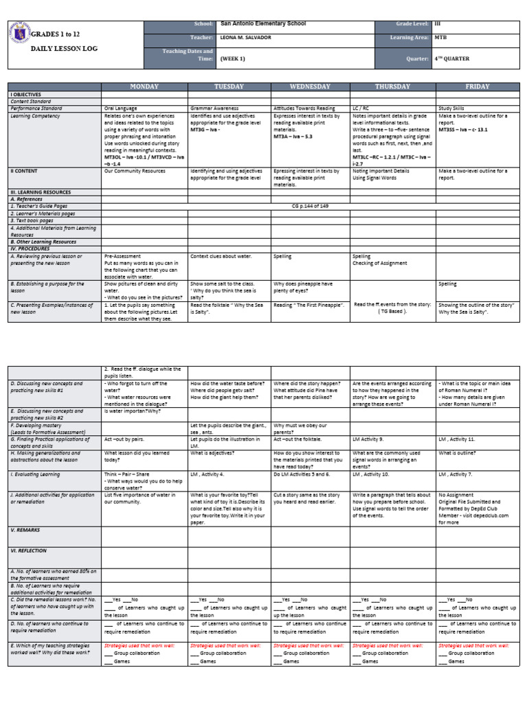 DLL - MTB 3 - Q4 - W1 | PDF | Learning | Human Communication