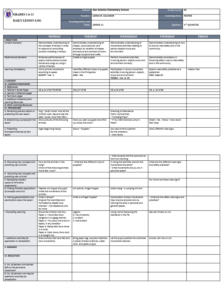 DLL - Mapeh 3 - Q4 - W1 | PDF | Learning | Teachers