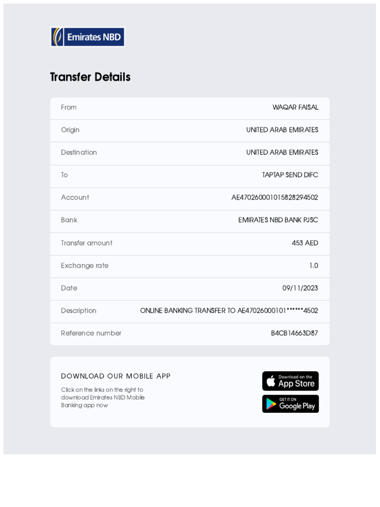 Emirates NBD Online Transfer Receipt | PDF