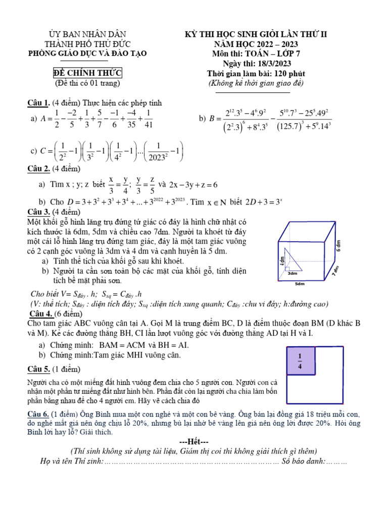 De Hoc Sinh Gioi Lan 2 Toan 7 Nam 2022 2023 Phong GDDT Thu Duc TP HCM | PDF