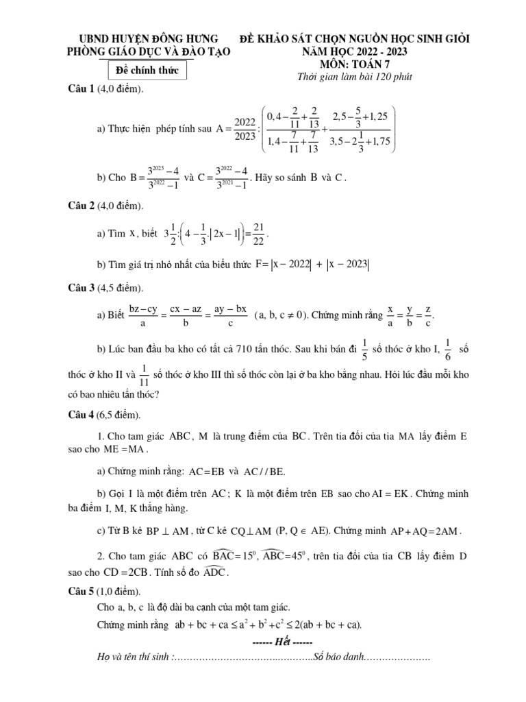 De Hoc Sinh Gioi Toan 7 Nam 2022 2023 Phong GDDT Dong Hung Thai Binh | PDF
