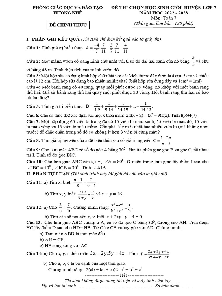 De Hoc Sinh Gioi Toan 7 Nam 2022 2023 Phong GDDT Huong Khe Ha Tinh | PDF