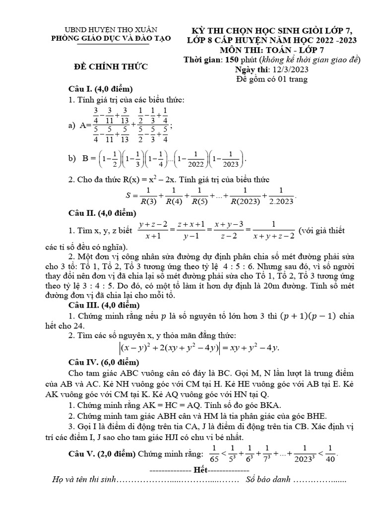 De Hoc Sinh Gioi Toan 7 Nam 2022 2023 Phong GDDT Tho Xuan Thanh Hoa | PDF