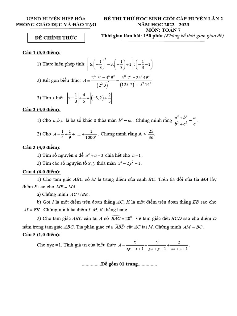 De Thi Thu HSG Lan 2 Toan 7 Nam 2022 2023 Phong GDDT Hiep Hoa Bac Giang | PDF